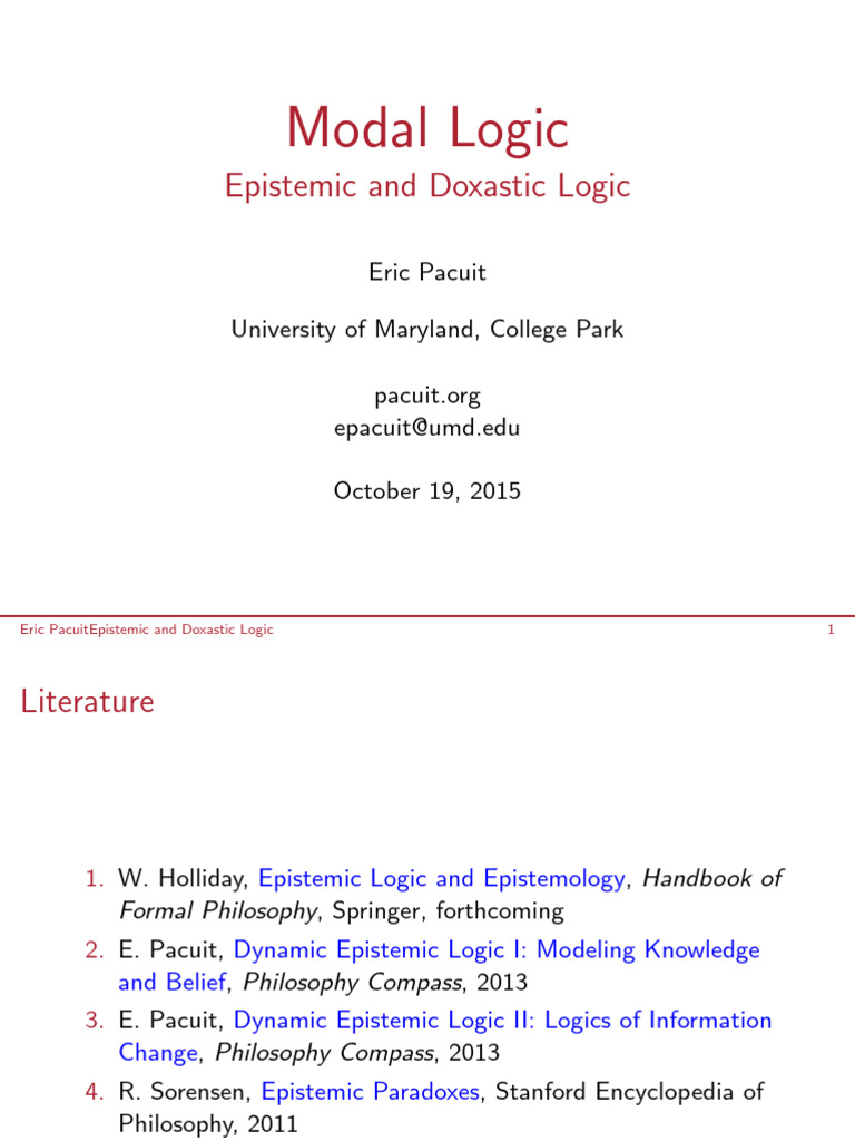 Eric Pacuiy - Epistemic and Doxastic Logic | PDF | Logic | Epistemology