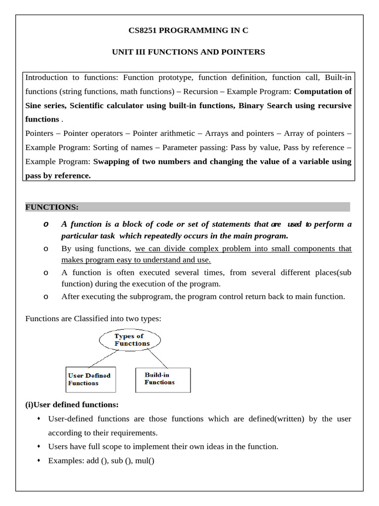 C Functions and Pointers Overview | PDF | Pointer (Computer Programming ...