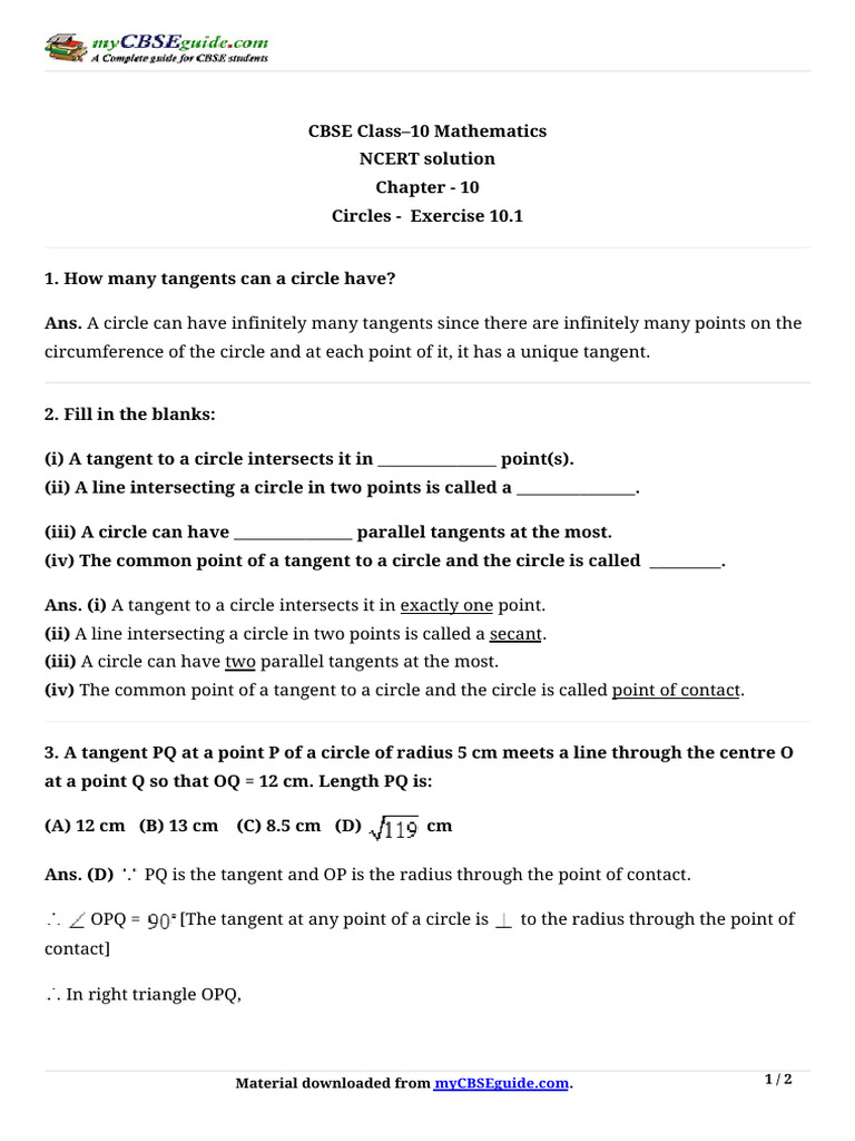 CBSE Class 10 Math: Circles Exercise 10.1 | PDF
