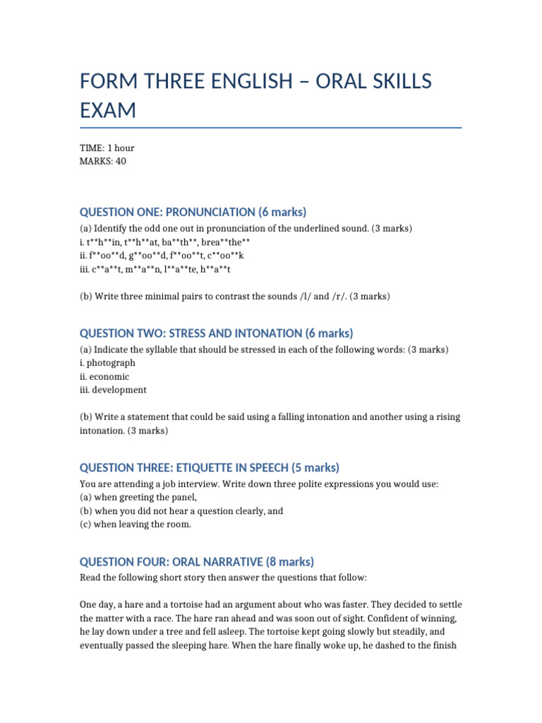 Form Three English Oral Skills Exam | PDF | Question | Stress (Linguistics)