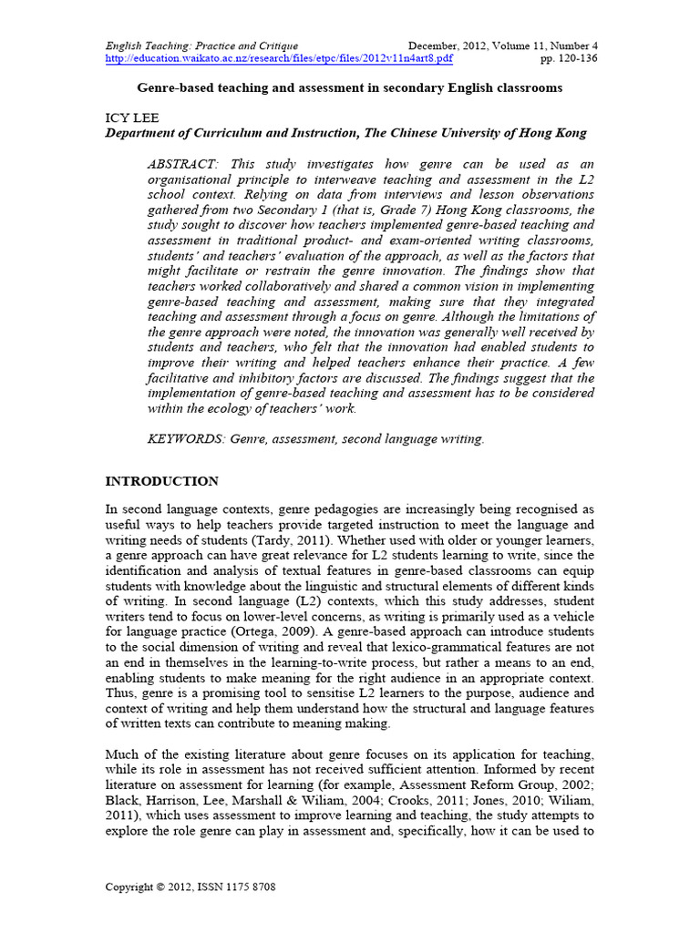Genre-Based Teaching and Assessment in Secondary English Classrooms ...