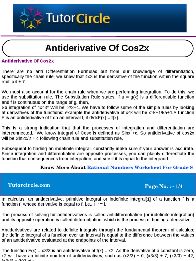 Anti Derivative of Cos2x | PDF | Integral | Derivative