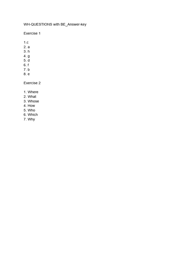 WH Questions With Be - Answer Key | PDF