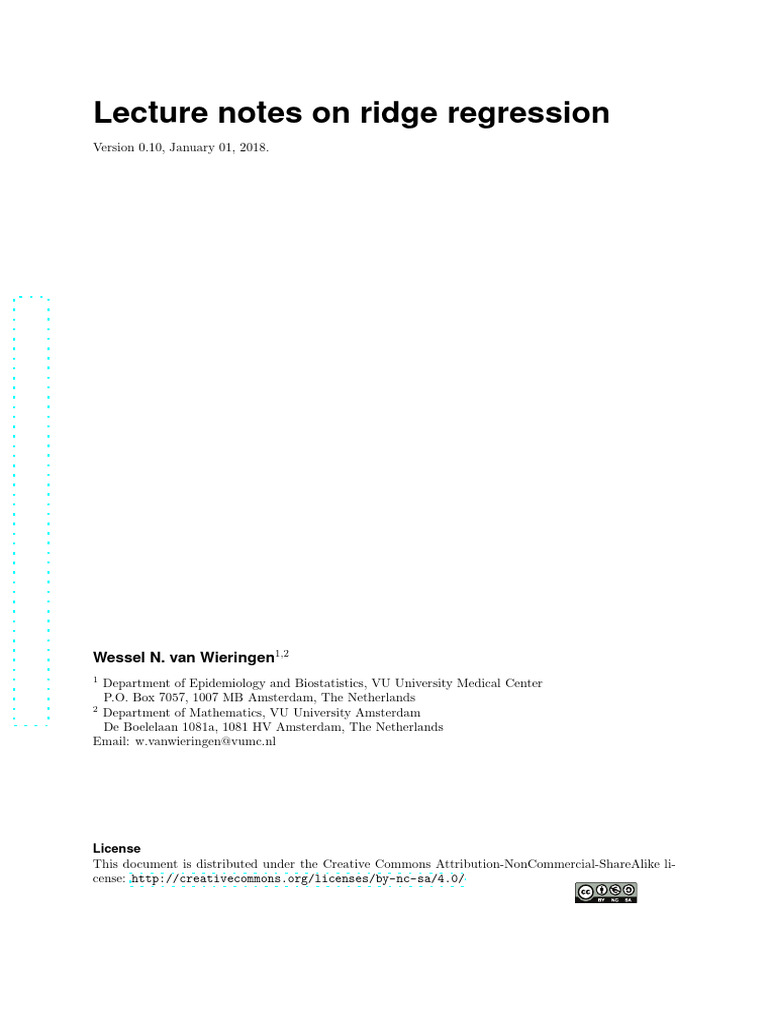 Ridge Regression Lecture Notes | PDF | Linear Regression | Regression ...