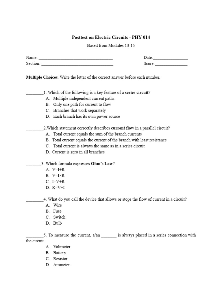 Electric Circuits Posttest Questions | PDF | Series And Parallel ...