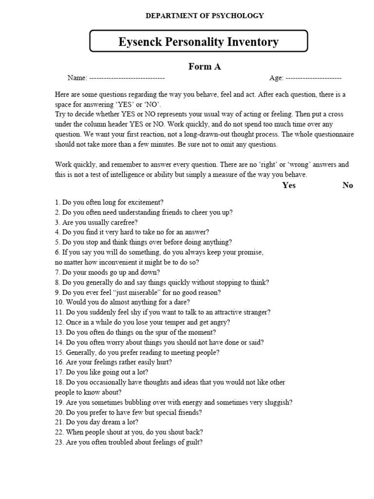 Eysenck Personality Inventory Form | PDF