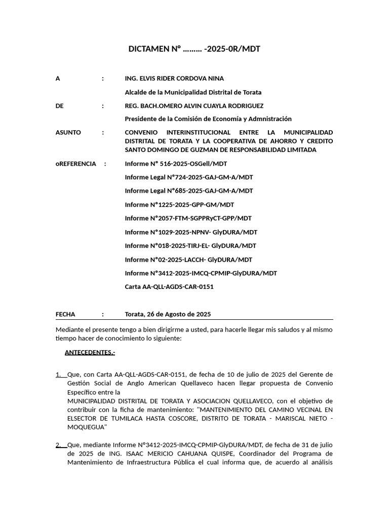 Convenio entre Torata y Quellaveco 2025 | PDF | Gobierno local ...