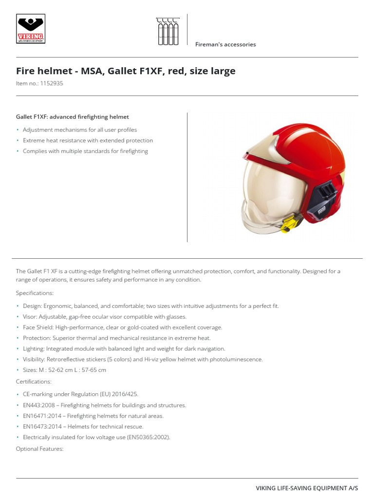 Fire Helmet - MSA, Gallet F1XF, Red, Size Large | PDF