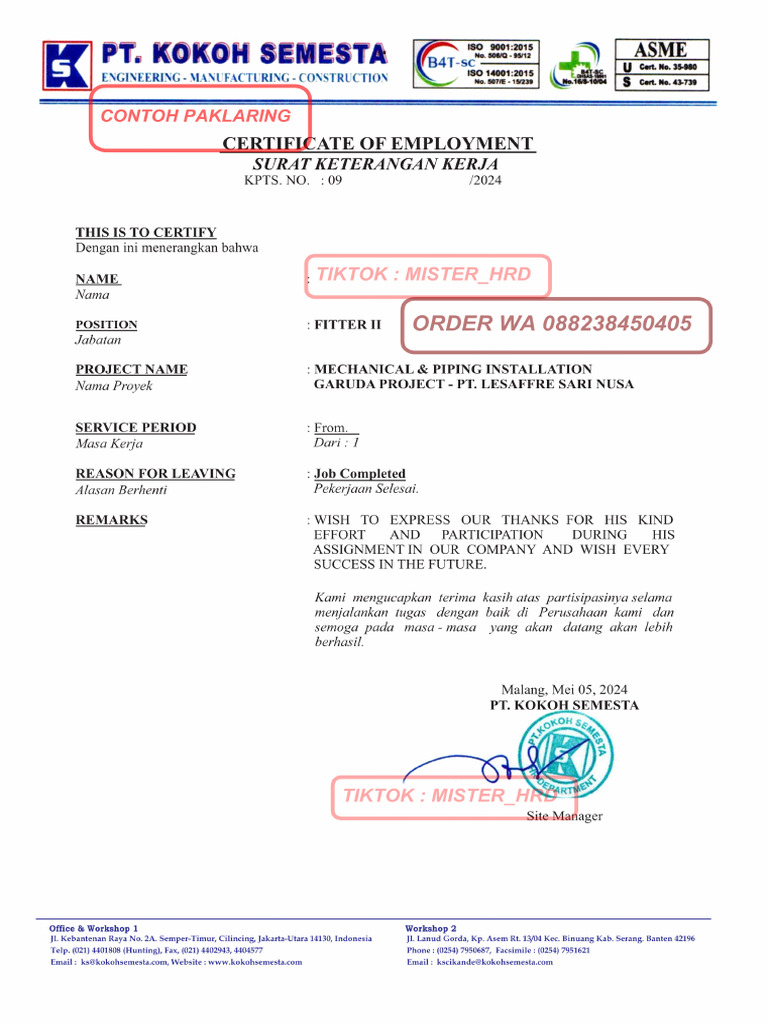Kokoh Semesta I Contoh Paklaring | PDF