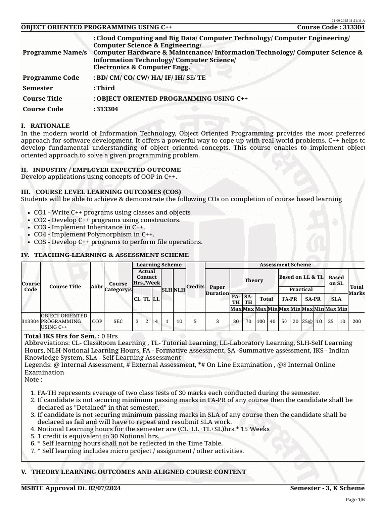 OOP with C++ Syllabus - Course 313304 | PDF | C++ | Class (Computer ...