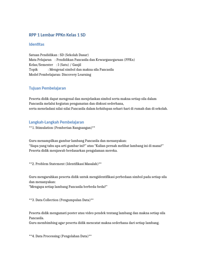 RPP PPKn Kelas 1 SD Discovery Learning | PDF