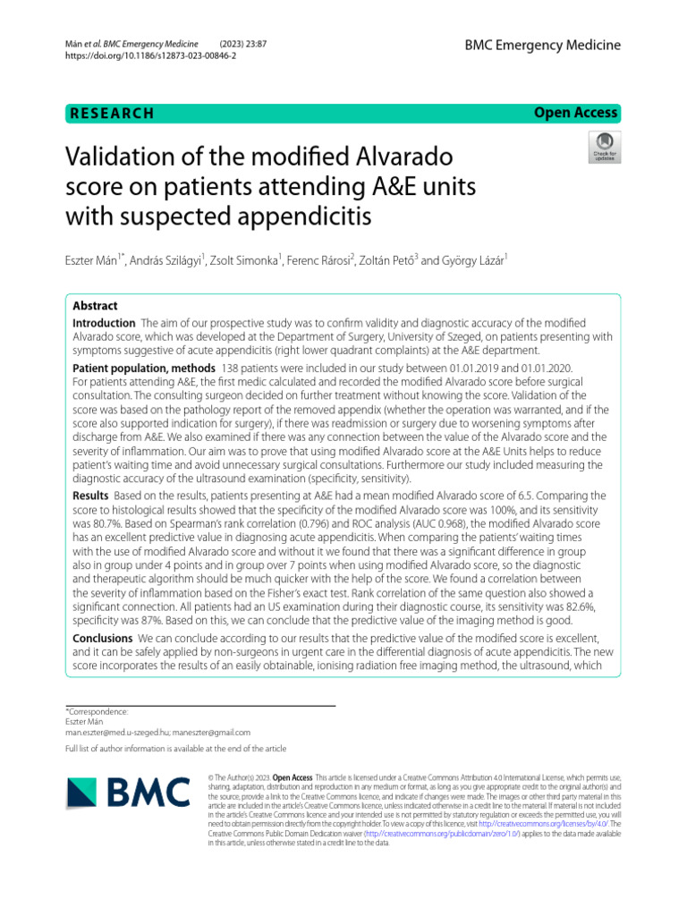 Validating Modified Alvarado Score for Appendicitis | PDF | Emergency ...