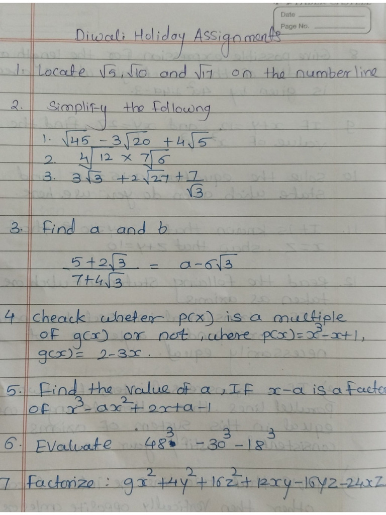 9th Std Diwali Vacation Homework. | PDF