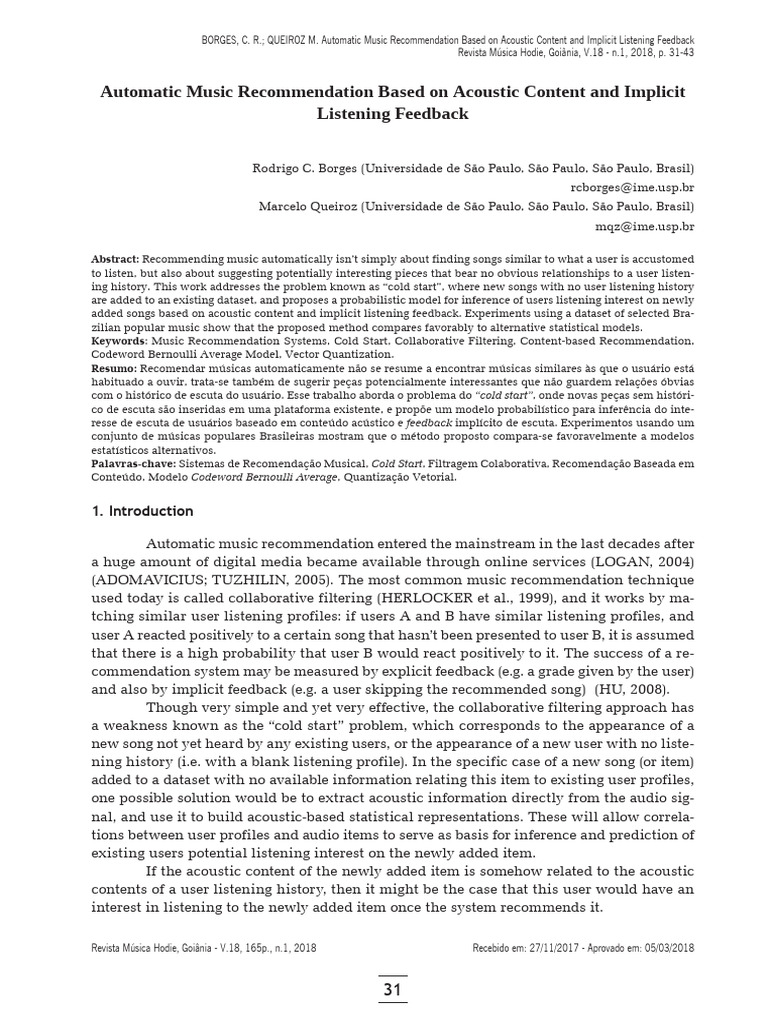 Automatic Music Recommendation Based On Acoustic Content and Implicit Listening Feedback | PDF ...