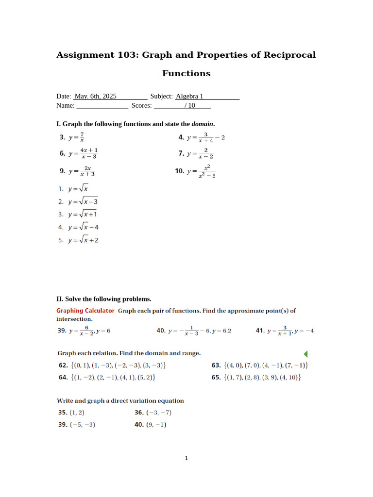 Assignment 103 - Graph and Properties of Reciprocal Functions | PDF