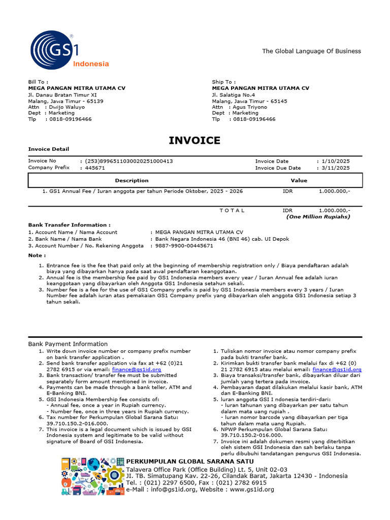 Invoice GS1 Annual Fee 2025-2026 | PDF