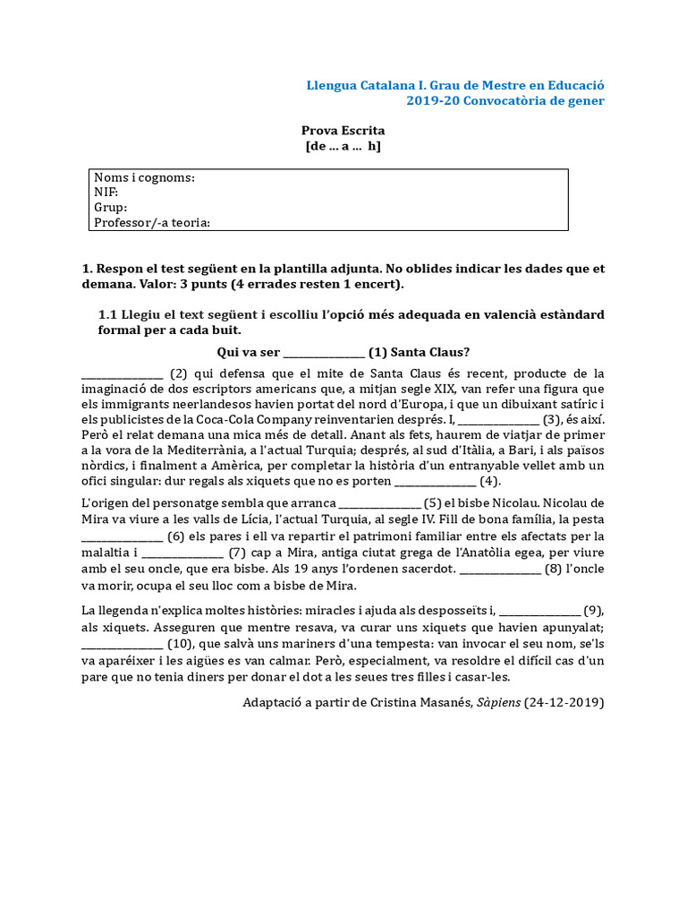 Model Examen Escrit Llengua Catalana I | PDF