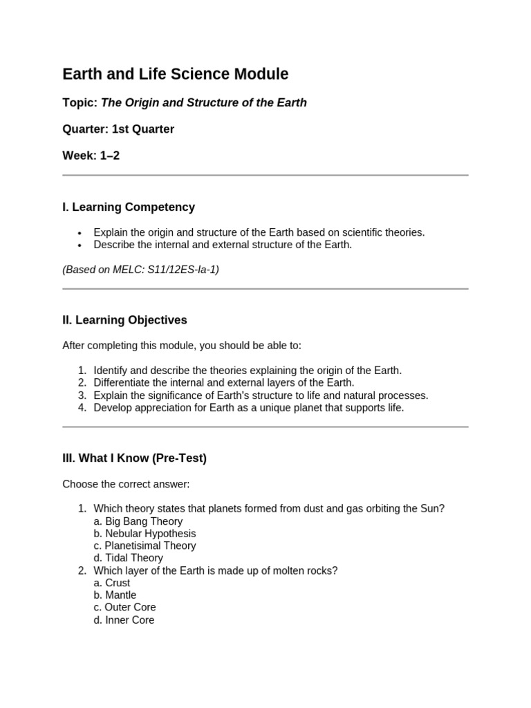 Earth and Life Science Module The Origin and Structure of The Earth ...