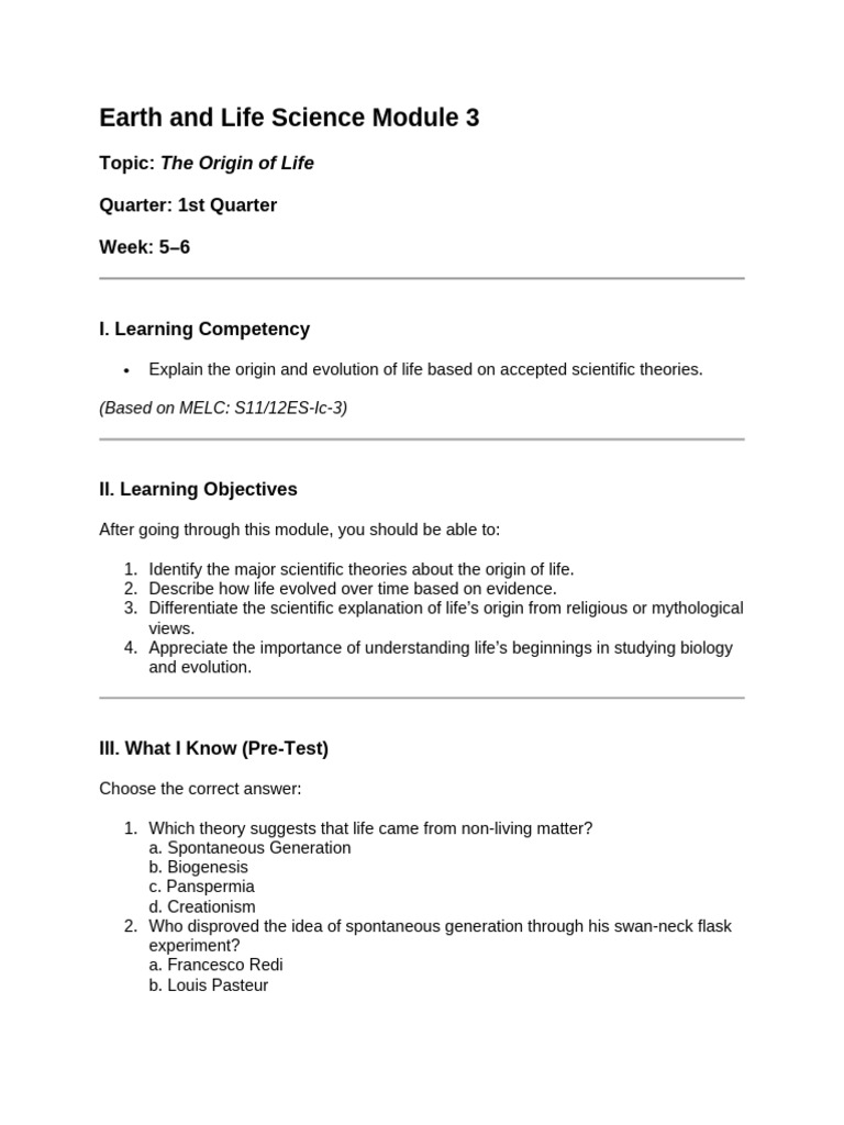 Earth and Life Science Module 3 The Origin of Life | PDF | Abiogenesis ...