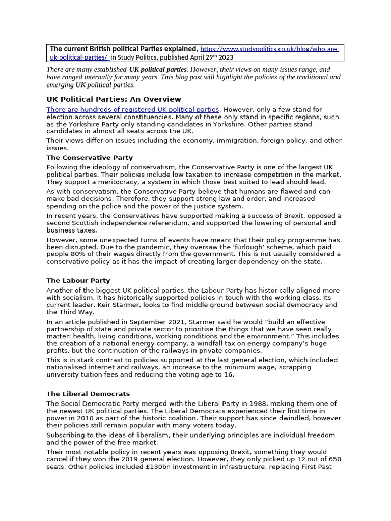 Overview of UK Political Parties 2023 | PDF | Conservative Party (Uk ...