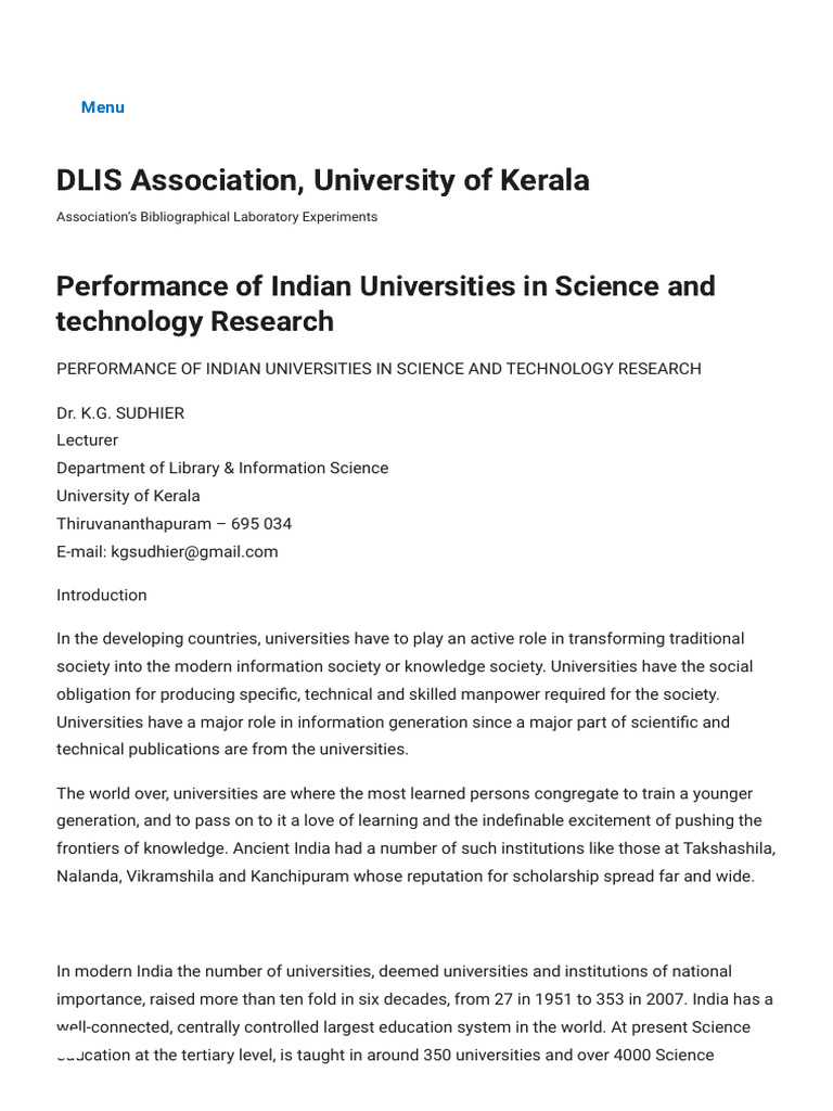 Performance of Indian Universities in Science and Technology Research ...