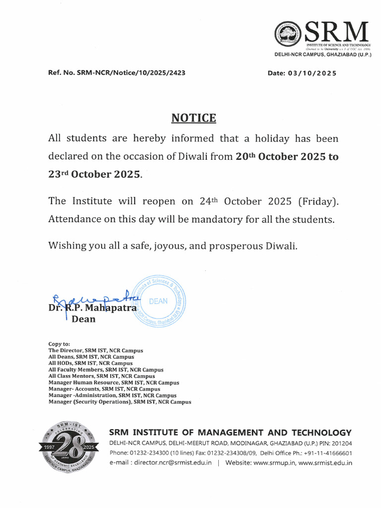 Holiday Notice - Diwali Festival - Students | PDF