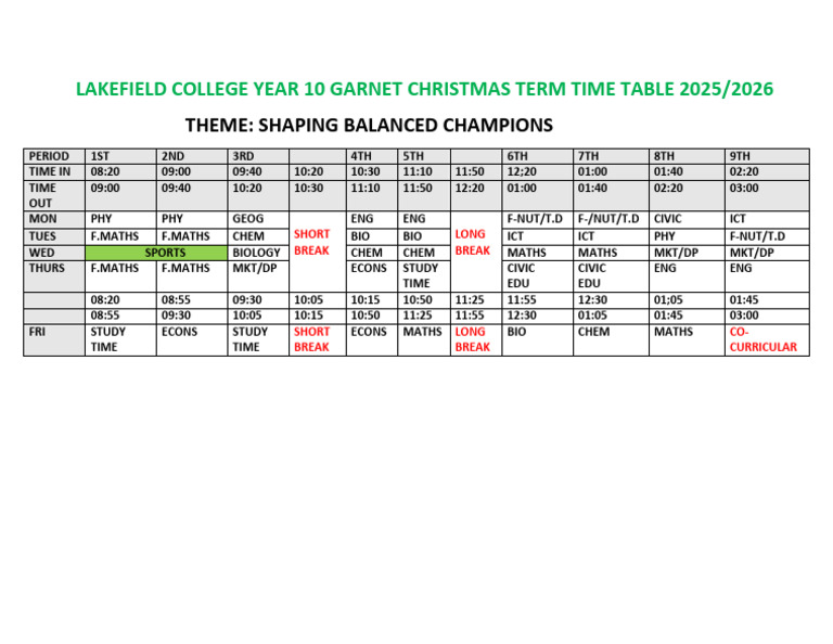 Lakefield College Year 10 Garnet Christmas Term Time Table 2025-2 | PDF