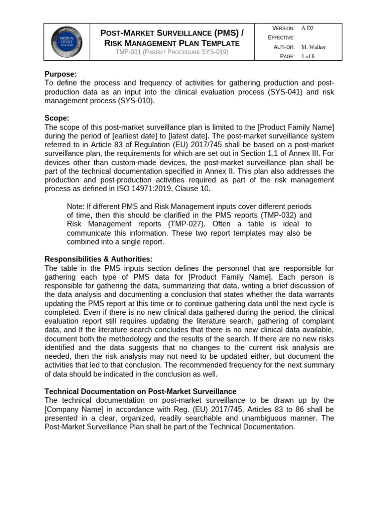 Post-Market Surveillance & Risk Management Plan | PDF | Risk Management ...