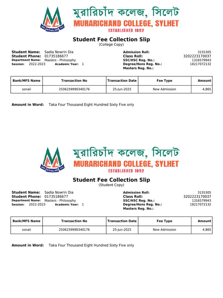Student Fee Collection Slip - Masters Philosophy | PDF
