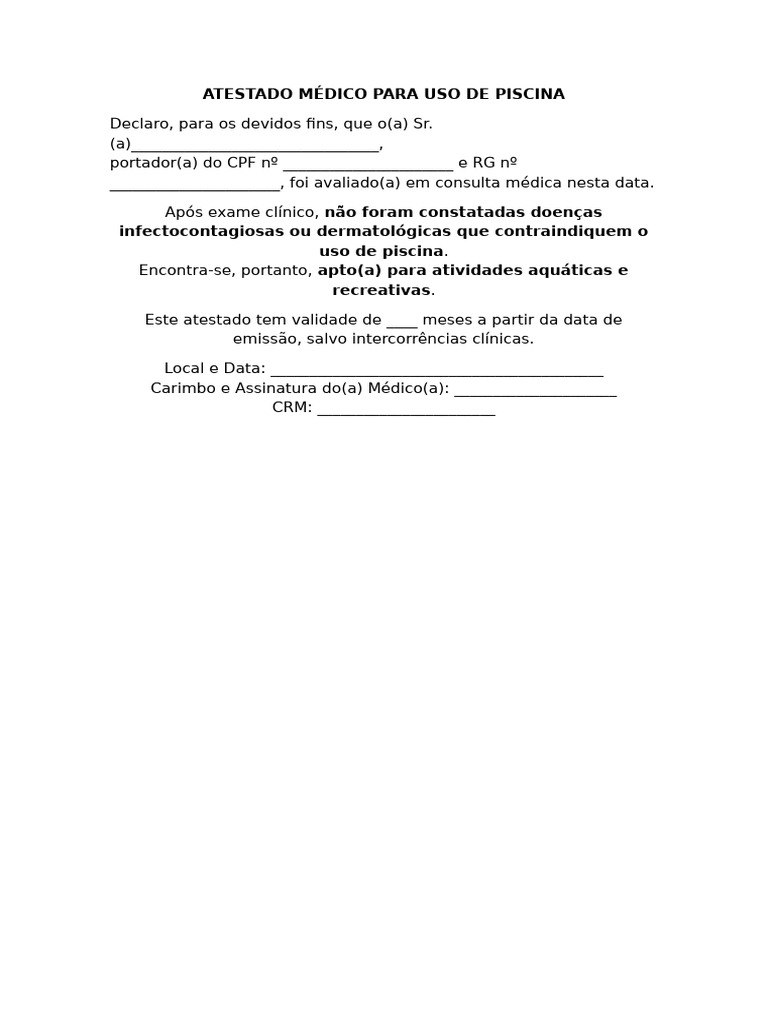 Atestado Médico para Uso de Piscina | PDF