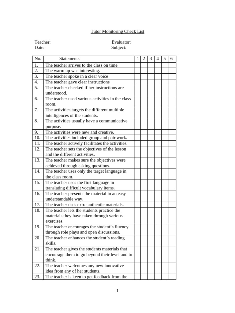 Teacher Evaluation Checklist Template | PDF | Teachers | Fluency