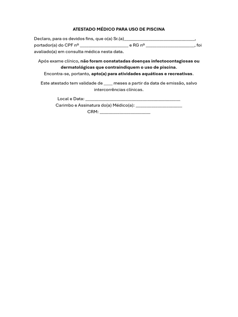 Atestado Médico para Uso de Piscina | PDF