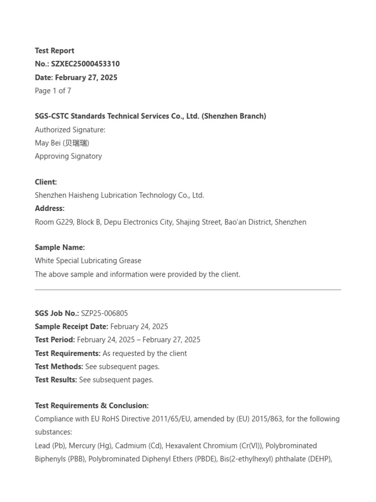 SGS Test Report for Lubricating Grease | PDF | Chemical Substances ...