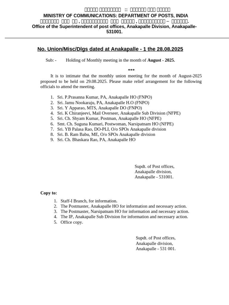 Anakapalle Division Monthly Meeting Notice | PDF