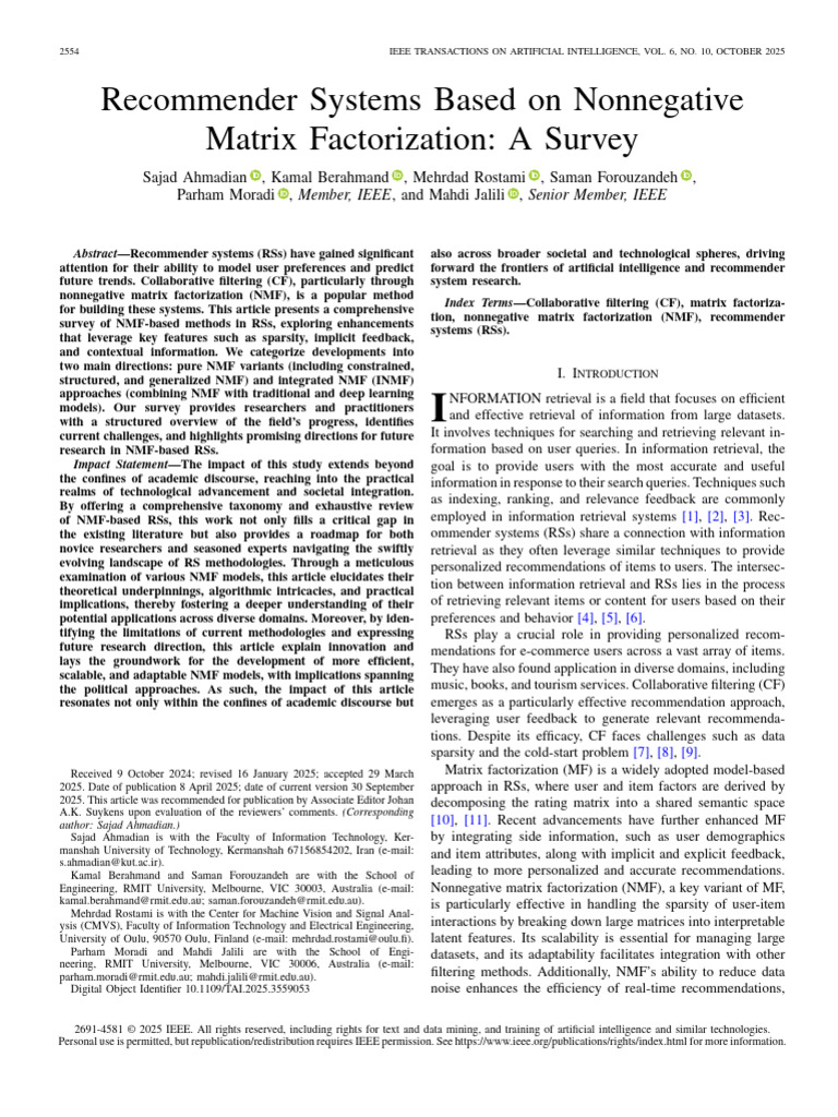 Recommender Systems Based On Nonnegative Matrix Factorization A Survey | PDF | Learning ...