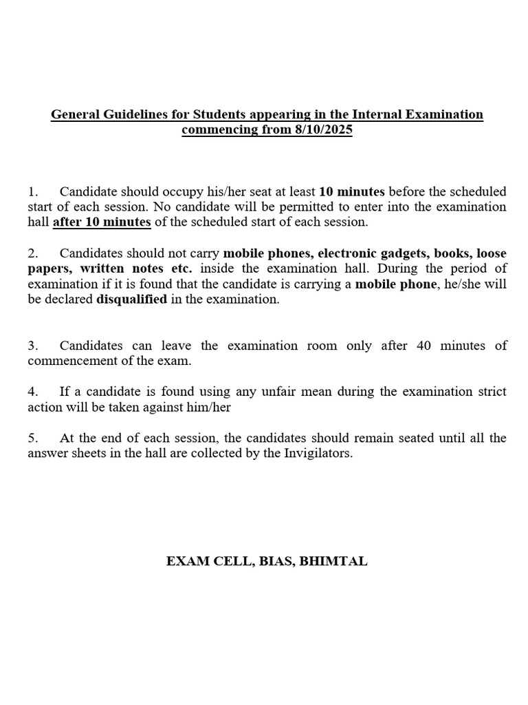 Internal Exam Guidelines for Students | PDF