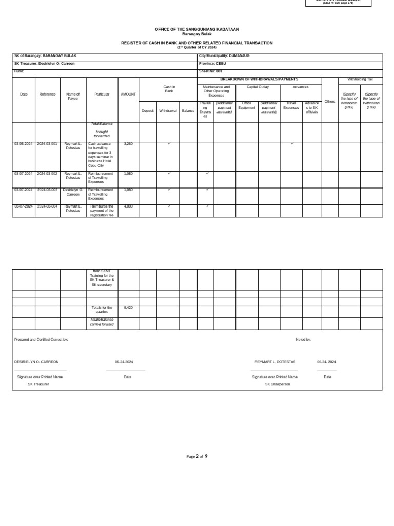 SK Bulak ANNEX D Sample Register of Cash in Bank RCB and Other Related ...