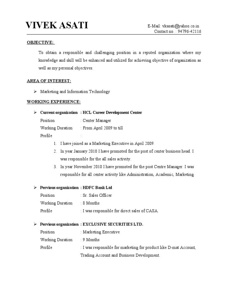 CV Vivek | PDF | Marketing | Sales