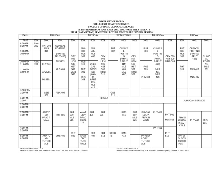 FBCS Harmattan Semester Provisional Timetable 2025 - 2026 Session | PDF