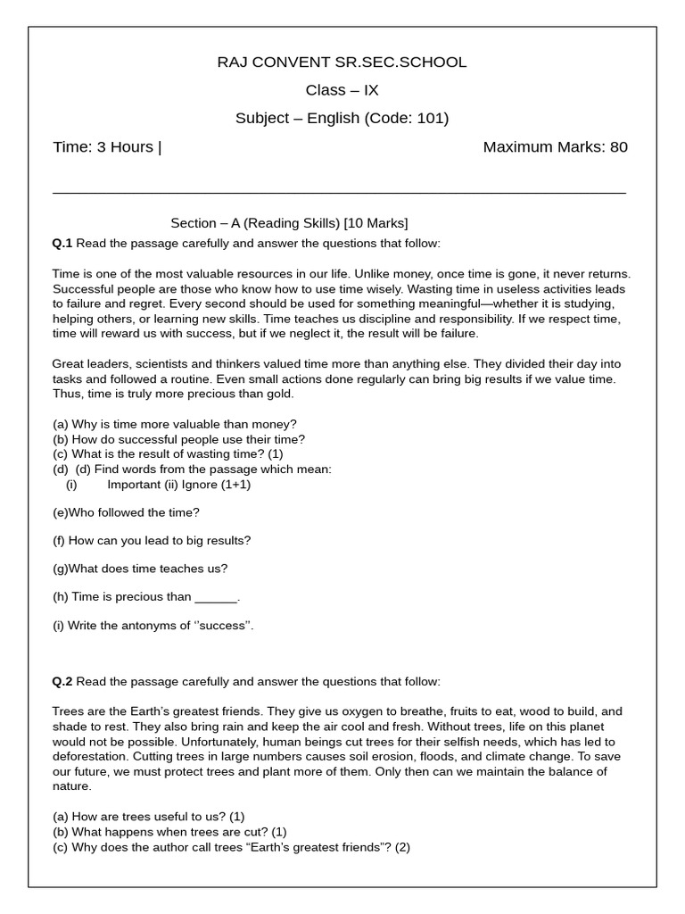 Class IX English Exam Paper Overview | PDF