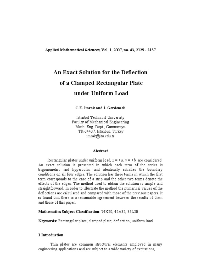 An Accurate Exact Solution for the Deflection of a Clamped Rectangular ...