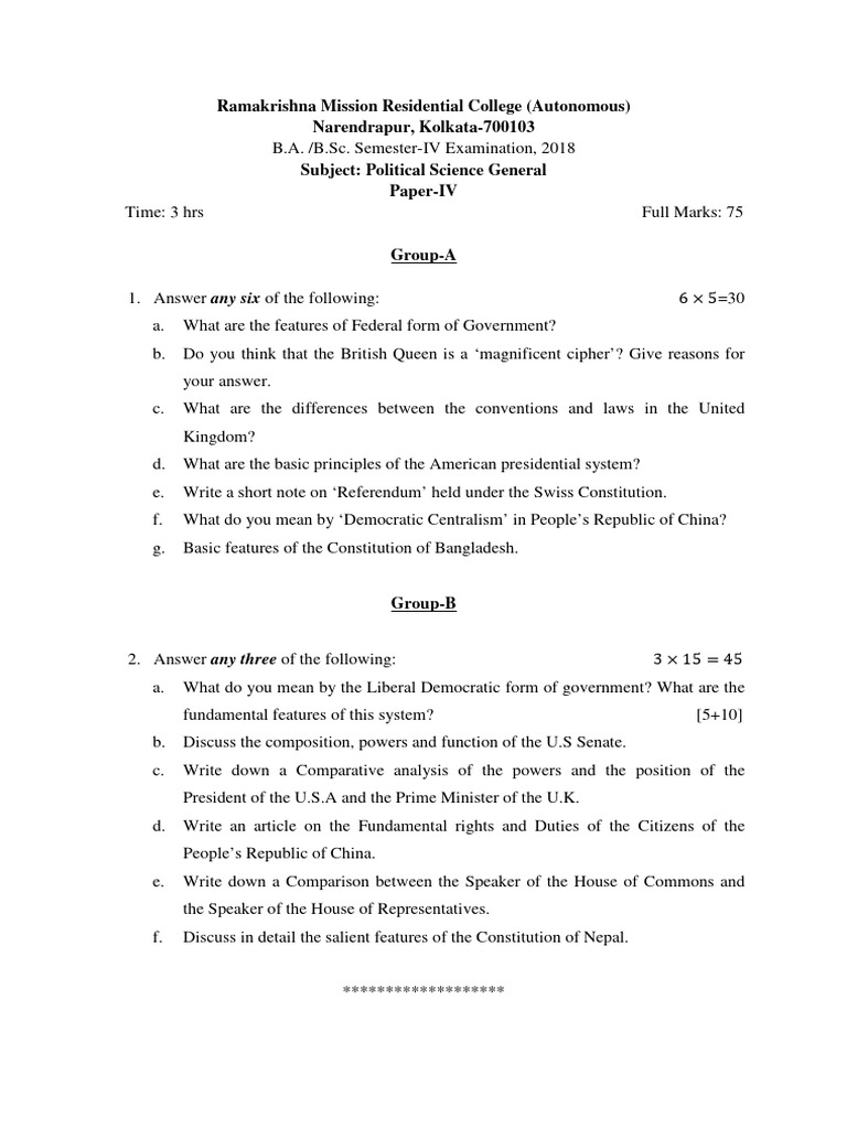 Political Science General - Sem-IV, Paper-IV, 2018 | PDF