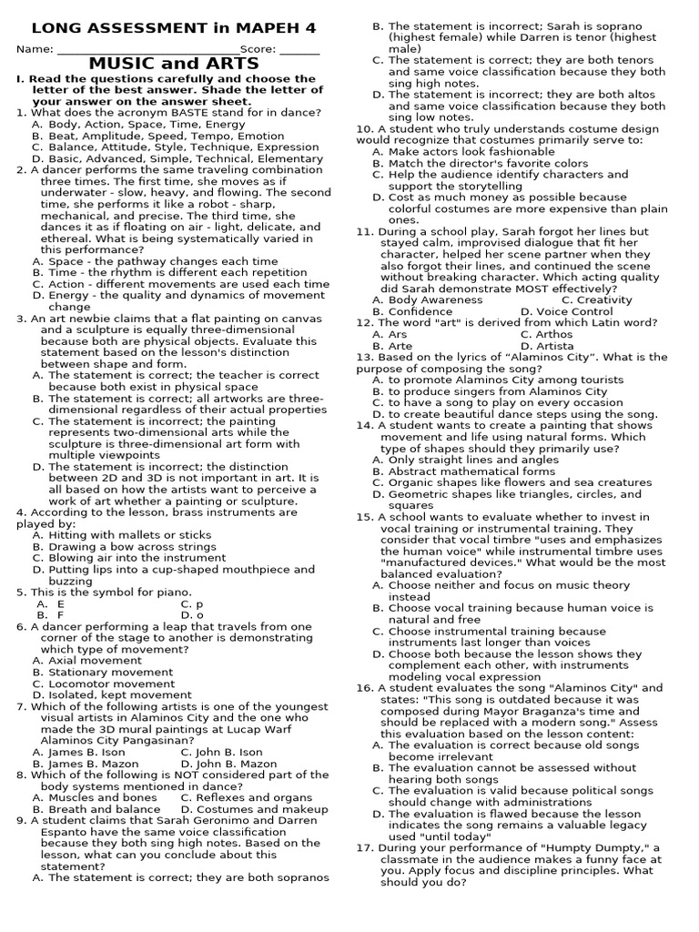 MAPEH 4 Long Assessment Guide | PDF | Hygiene | Shape
