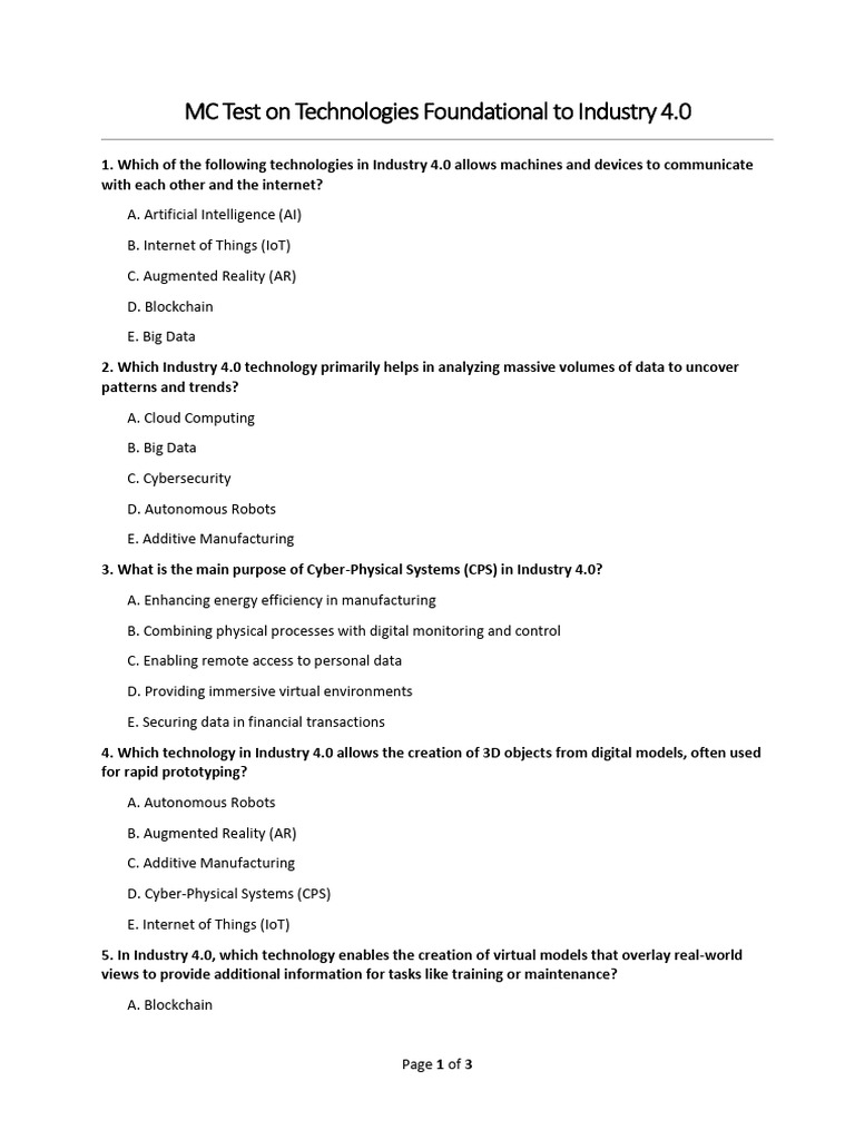 MC Test on Foundational Techs of I4.0 | PDF | Internet Of Things ...
