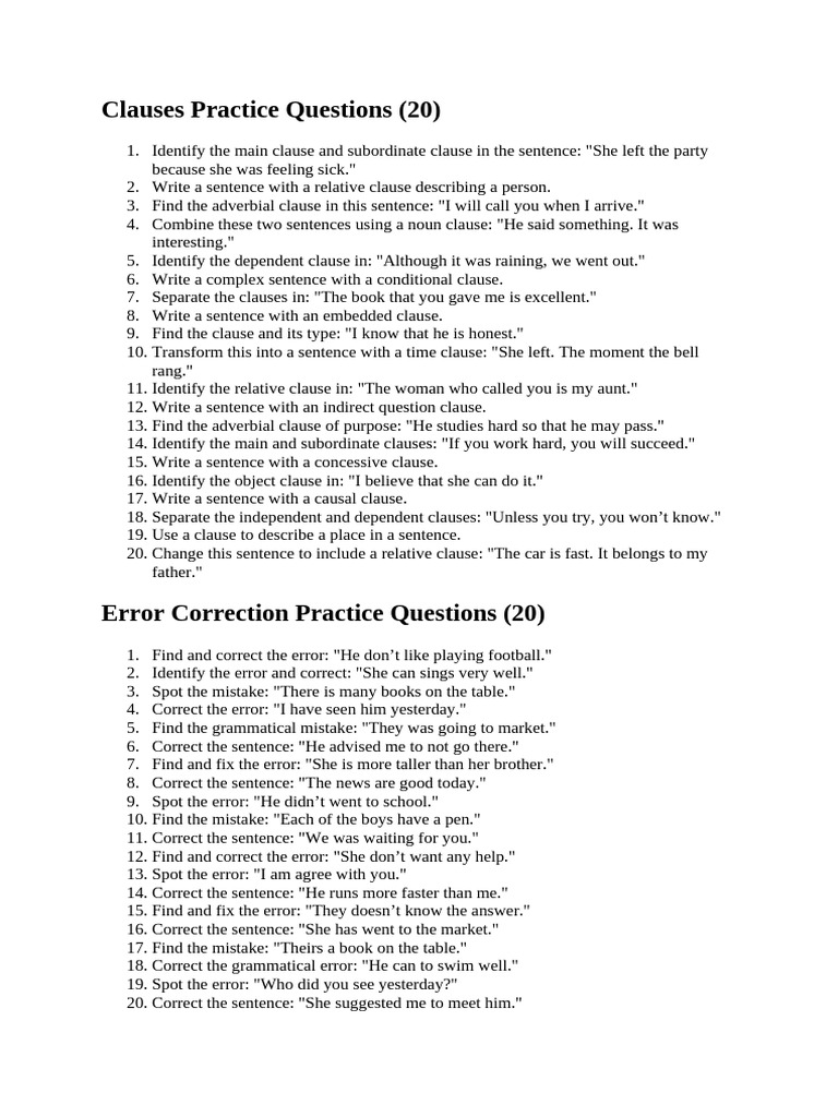 Clauses Practice Questions | PDF | Clause | Adjective