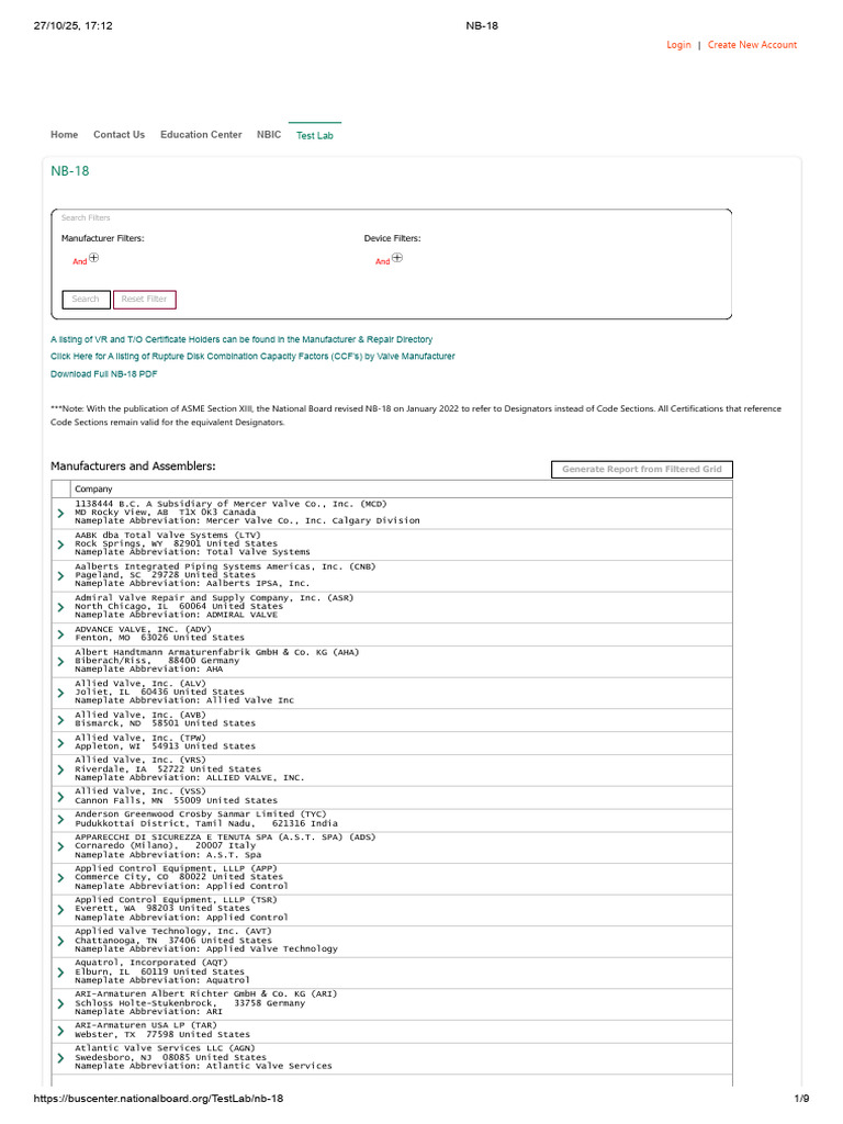 NB-18 Manufacturer Directory Update | PDF