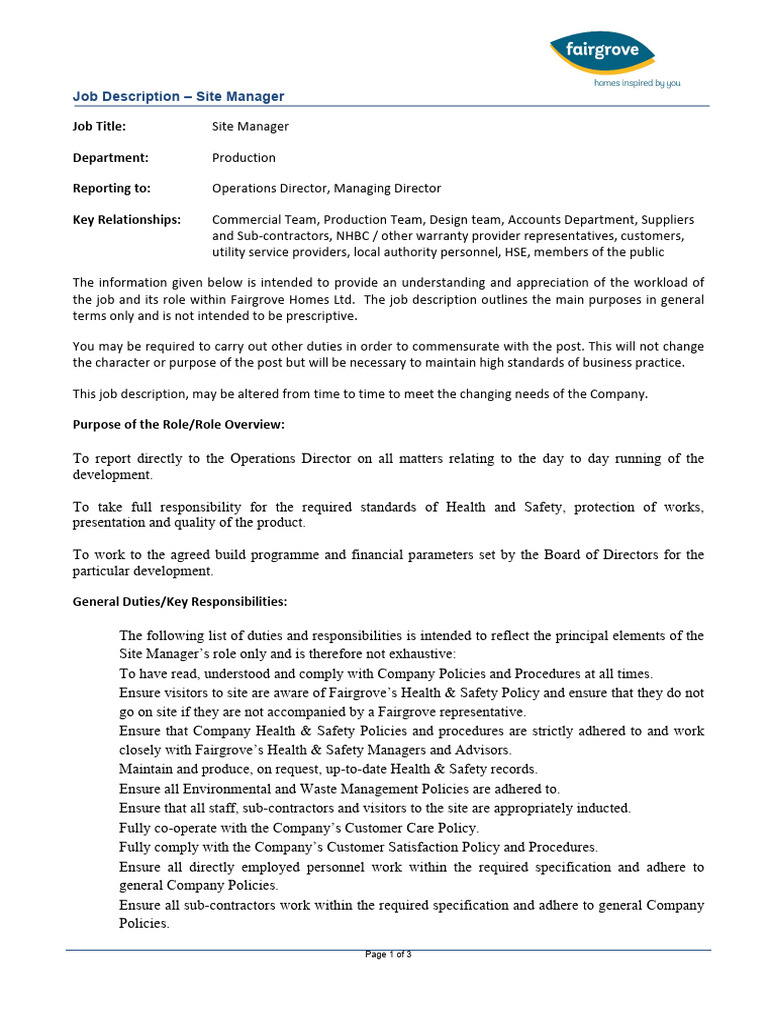 Site Manager Job Description Overview | PDF | Occupational Safety And ...