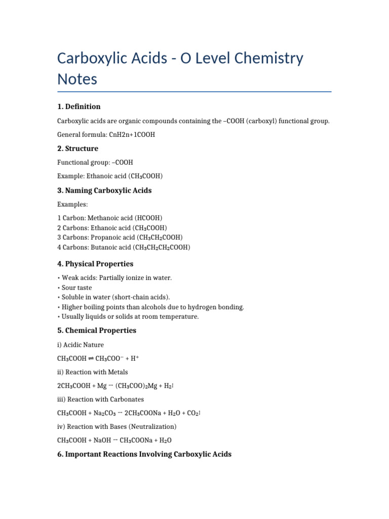 Carboxylic Acids O Level Notes | PDF