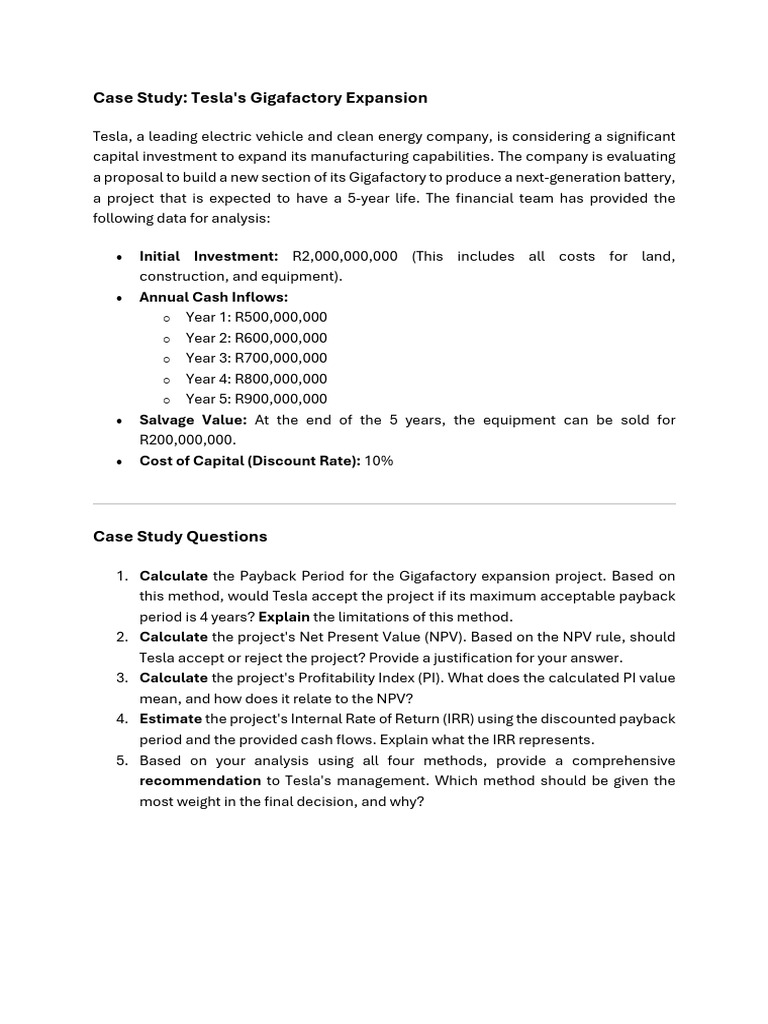 Case Study - Tesla's Gigafactory Expansion - Tutorial Question | PDF