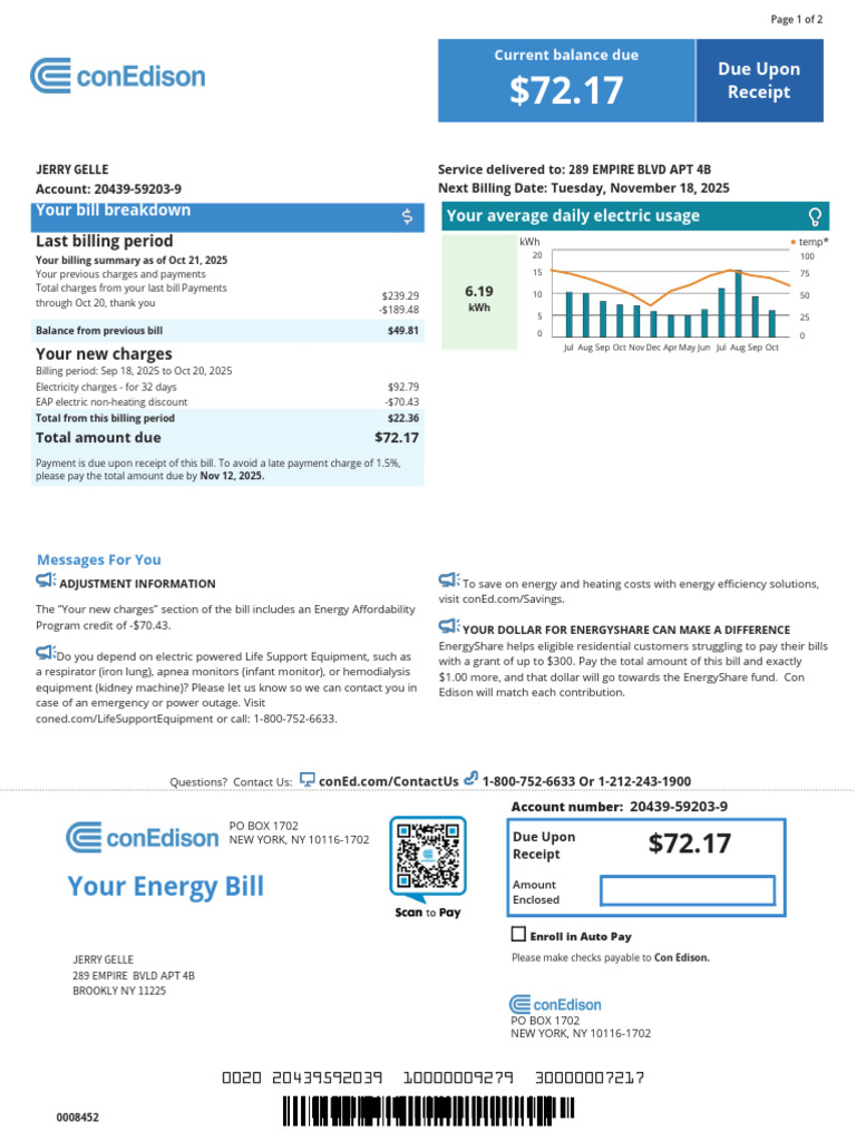 Con Edison Bill Summary for Jerry Gelle | PDF